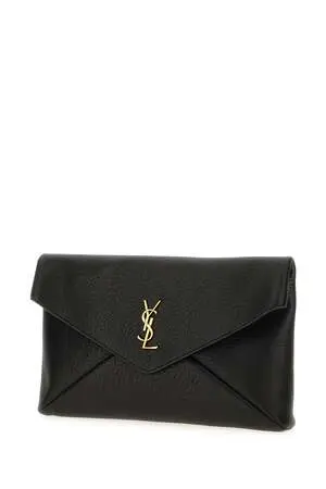 Saint Laurent Textured Leather Envelope Clutch With Gold Tone Logo