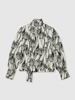 REISS Kennedy Silk Floral-print Tie-neck Blouse