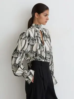REISS Kennedy Silk Floral-print Tie-neck Blouse