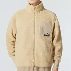 PUMA Relaxed Fit Fleece Jacket With Stand Collar - Brown