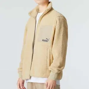PUMA Relaxed Fit Fleece Jacket With Stand Collar - Brown