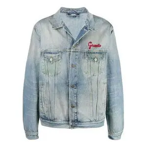Gucci Cat Logo Embroidered Denim Jacket Denim - Blue