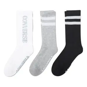 CONVERSE Logo Stripes Crew Socks Three Pair Pack - White/grey/black