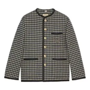 Gucci Wool Gingham Jacket With Interlocking G 'beige Blue - Beige/blue