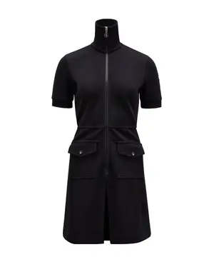 Moncler Ribbed Knit Zip-up Polo Dress With Pocket Detail - Black