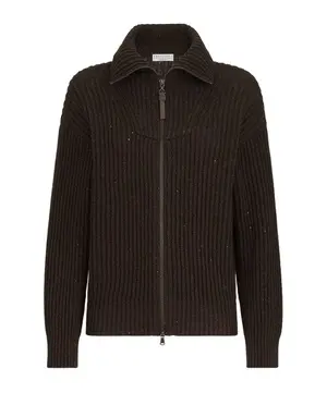 Brunello Cucinelli Ribbed Cardigan With Zipper And Monili Detail - Brown