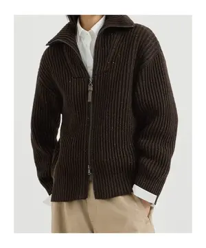 Brunello Cucinelli Ribbed Cardigan With Zipper And Monili Detail - Brown