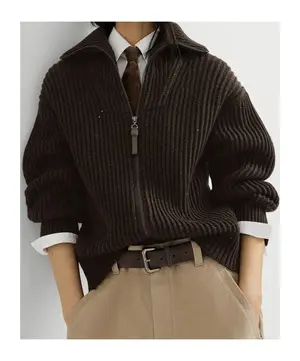 Brunello Cucinelli Ribbed Cardigan With Zipper And Monili Detail - Brown