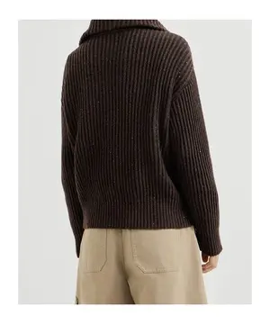 Brunello Cucinelli Ribbed Cardigan With Zipper And Monili Detail - Brown