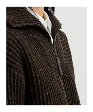 Brunello Cucinelli Ribbed Cardigan With Zipper And Monili Detail - Brown