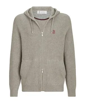Brunello Cucinelli Cashmere English Rib Hooded Knit Sweatshirt With Logo And Zipper - Stone Gray