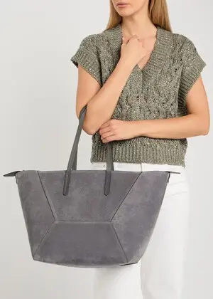 Brunello Cucinelli Medium Suede Tote With Beaded Embellishments - Grey