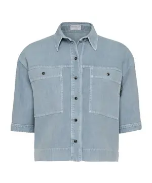 Brunello Cucinelli Short Sleeved Cropped Shirt - Sky-blue