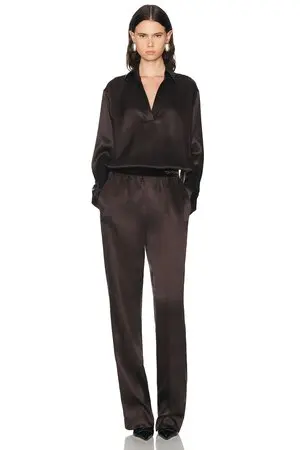 TOM FORD Silk Satin Polo Top - Espresso