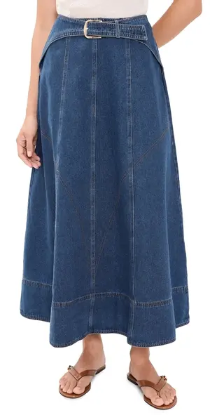 Moon River Belt Buckle Detail Denim Midi Skirt