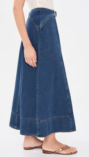 Moon River Belt Buckle Detail Denim Midi Skirt