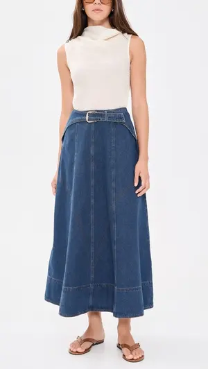 Moon River Belt Buckle Detail Denim Midi Skirt