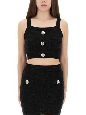 Balmain Cropped Tweed Top With Button Detail - Black