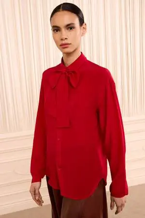 Ulla Johnson Lise Long Sleeve Silk Blouse With Bow Detail - Cerise