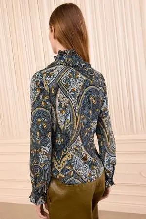 Ulla Johnson Catroux Long Sleeve Silk Blouse With Ruffled Collar And Bow Detail - Prussian