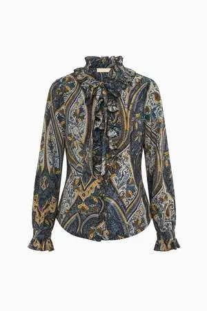 Ulla Johnson Catroux Long Sleeve Silk Blouse With Ruffled Collar And Bow Detail - Prussian