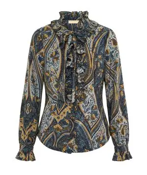ULLA JOHNSON Catroux Long Sleeve Silk Blouse With Ruffle And Bow Detail