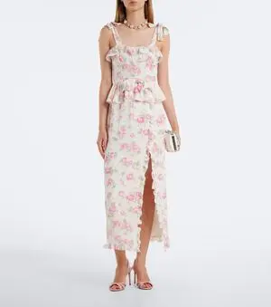 Alessandra Rich Floral Ruffled Silk Midi Dress - Pink