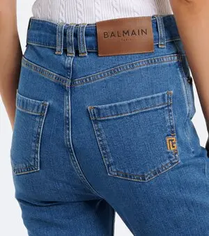 Balmain Belted High-rise Cropped Jeans In Bleu Jean Fonce