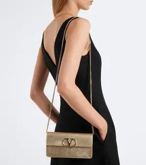 Valentino Garavani Vlogo Metallic Leather Wallet On Chain