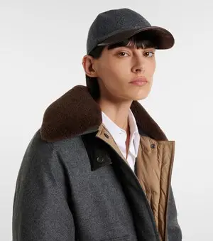 Brunello Cucinelli Monili Baseball Cap In Leather And Virgin Wool - Grey