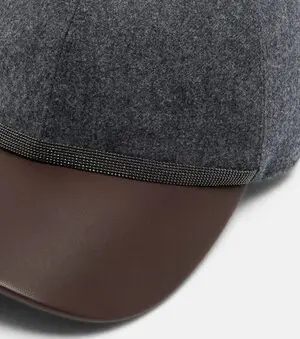 Brunello Cucinelli Monili Baseball Cap In Leather And Virgin Wool - Grey