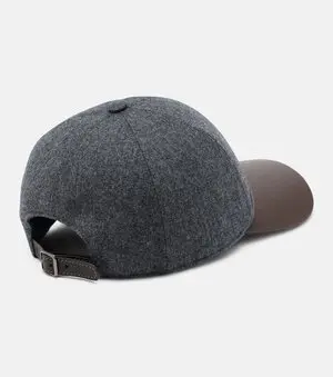 Brunello Cucinelli Monili Baseball Cap In Leather And Virgin Wool - Grey