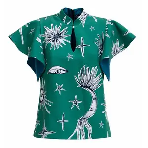 JULIA ALLERT Stand Collar Ruffle Sleeve Blouse – Celestial Print - Green