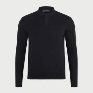 PAUL JAMES KNITWEAR Lightweight Cotton Hall Long Sleeve Knitted Polo Shirt - Black