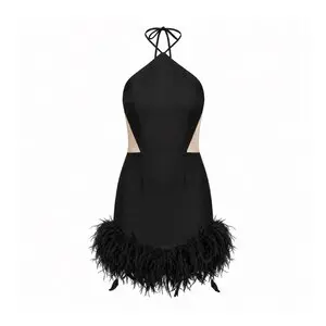 NOMI FAME Peony Mini Halter Neck Dress With Feather Trim - Black