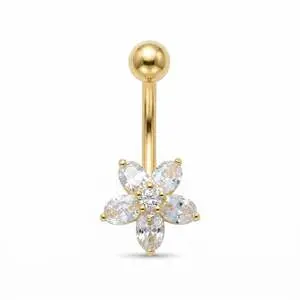 Zahav Jewelry 10k Solid 14g Flower Cz Belly Ring - Gold