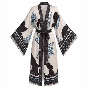 Loveist Store Blue / Brown Adenium Statement Print Silky Satin Kimono