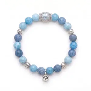 SEVEN SAINTS Tranquil Lotus Larimar And Quartz Beaded Bracelet In Silver And White Rhodium