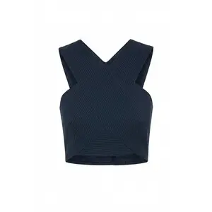 RUE LES CREATEURS Navy Asymmetric Detailed Striped Crop Bustier - Blue