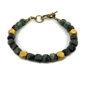 Rachel Nathan Green / Gold Narrow: Kambaba Jasper Cube Bracelet - Green/gold