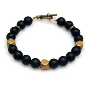 Rachel Nathan Black / Gold Narrow: Matte Black Agate Bracelet - Black/gold