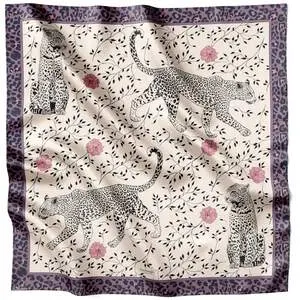 LAMBERTY MUNICH Purple / Neutrals / Pink Graceful Leopard Classic Italian Mulberry Silk Scarf Beige - Purple/pink