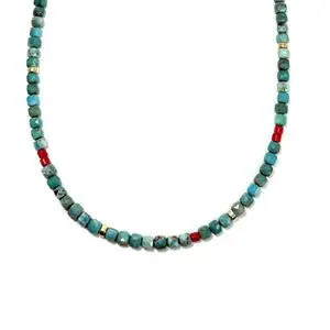 Rachel Nathan Blue / Red / Gold Mini Beaded: Turquoise & Red Coral Necklace - Blue/red/gold