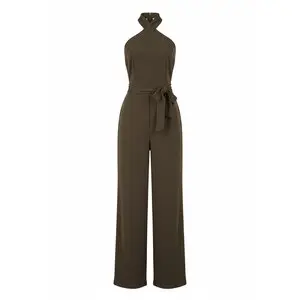 YUMI Cross Over Halter Neck Jumpsuit - Brown