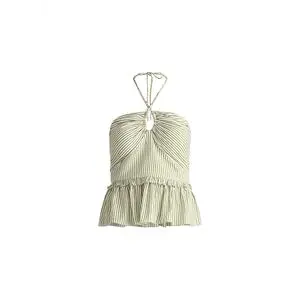PAISIE Green / White Halterneck Peplum Top In Green & White - Green/white