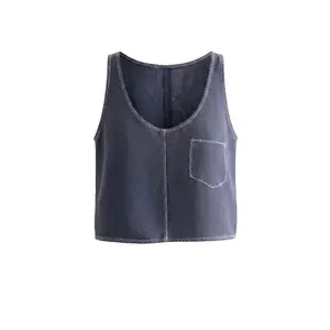 RUE LES CREATEURS Indigo Linen Blend Cropped Blouse