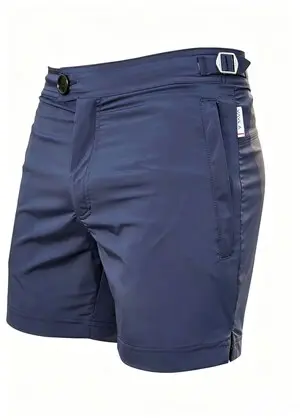 VAYLA Classic Plain Navy Long Length Swim Shorts With Adjustable Waist - Blue