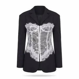 MODENAIRE Lace Corset Detail Blazer With Tailored Fit And Button Front - Black