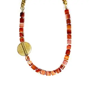 Rachel Nathan Gold / Orange / Red Red Banded Agate & Brass Medallion Necklace - Gold/orange/red