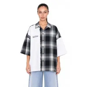 MYSIMPLICATED Oversized Plaid And Cotton Shirt With Asymmetrical Design - Grey/white